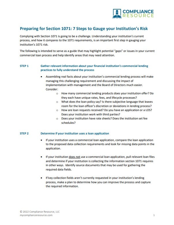 DIY Section 1071 Risk Evaluation | Free Section 1071 Compliance Tool